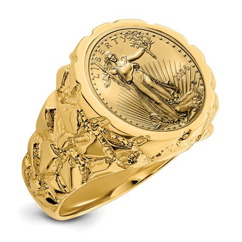 Men's Heavy 14k Gold Nugget Coin Ring, Available with either 1/10 or 1 ...