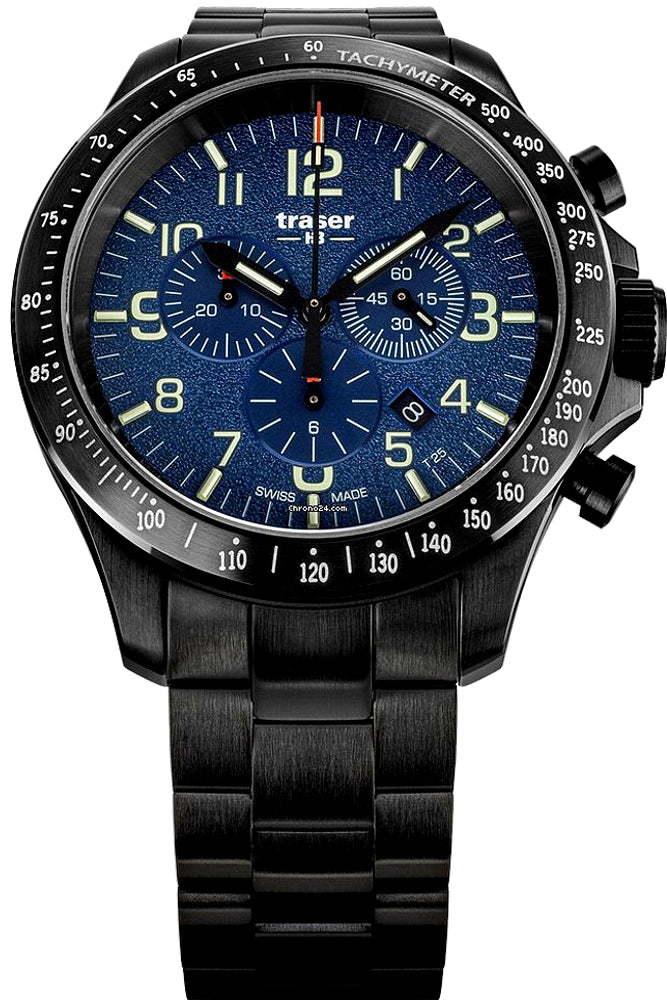 Traser P67 Officer Pro Chronograph, Blue DIal, Black Steel Bracelet, 1 ...